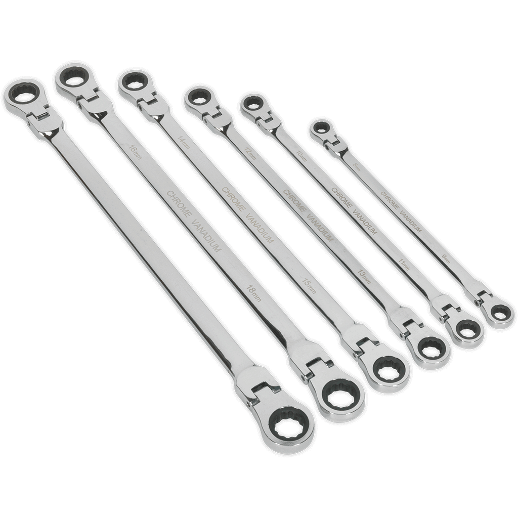 Sealey 6 Piece Extra Long Flexible Head Ratchet Ring Spanner Set Ring Spanners